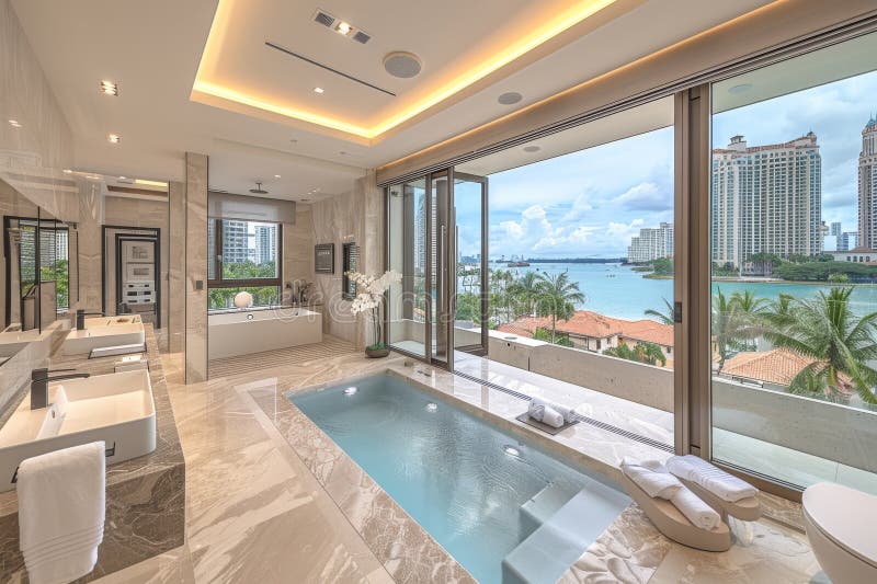 Spacious Indoor Pool Area with Large Windows Overlooking a Cityscape ...