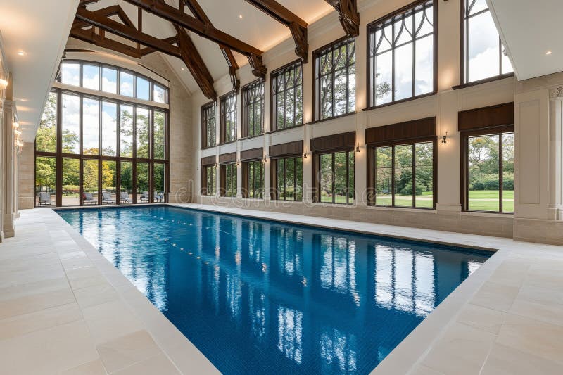 Elegant Indoor Pool with Large Windows Overlooking Scenic Landscape ...