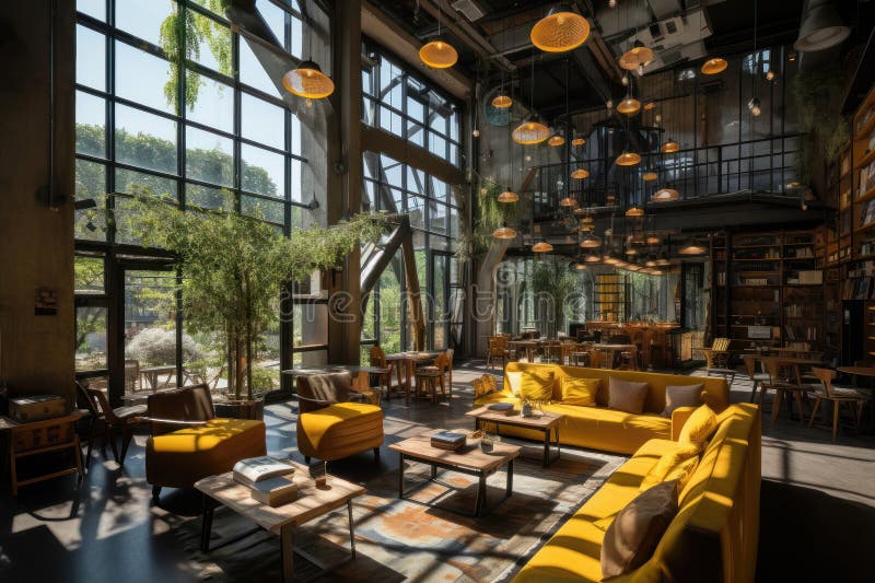 Spacious Industrial Cafe with Modern Yellow Accents. Generative AI ...