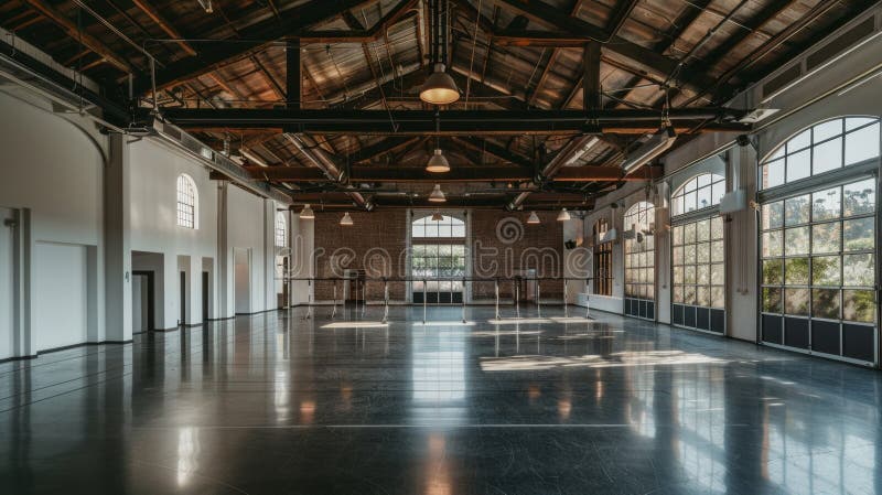 Spacious Industrial Dance Studio with High Ceilings and Large Windows ...