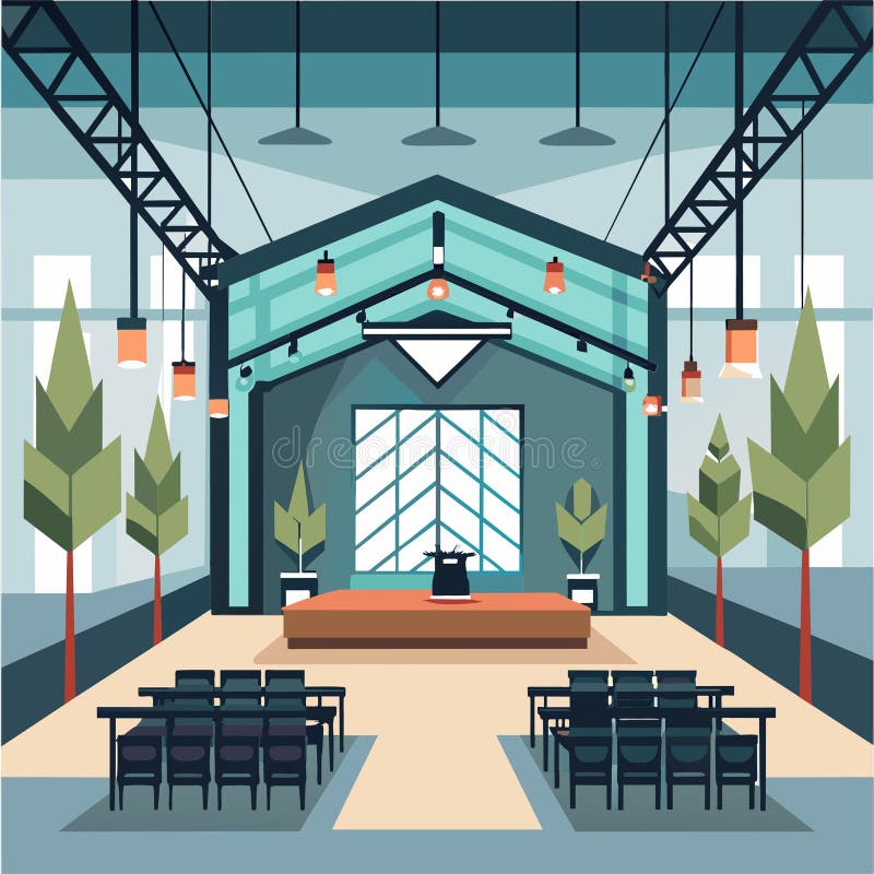 A Spacious Industrial Event Space with a Stage and Rows of Chairs for ...