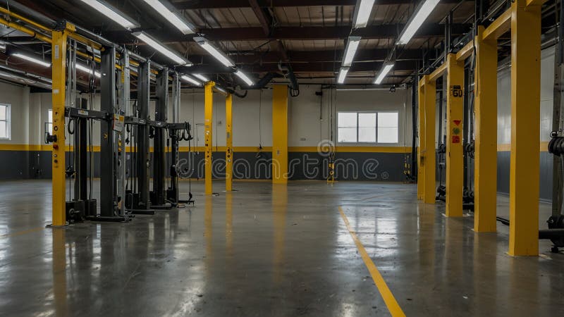 Spacious Industrial Garage with Yellow Structural Beams Stock ...