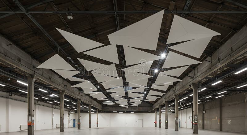 A Spacious Industrial Hall Displays Suspended White Triangular Acoustic Panels from Its Wooden ...