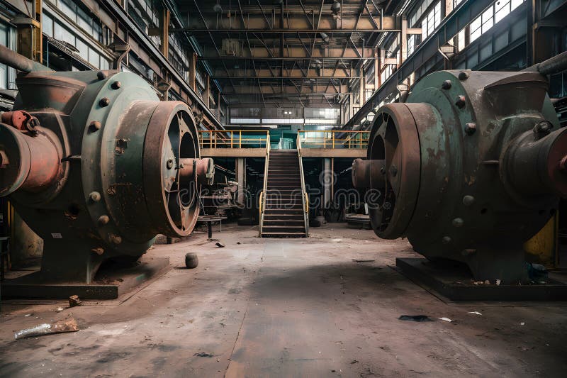 Spacious Industrial Interior with Aged Machinery, Empty Floor, High ...