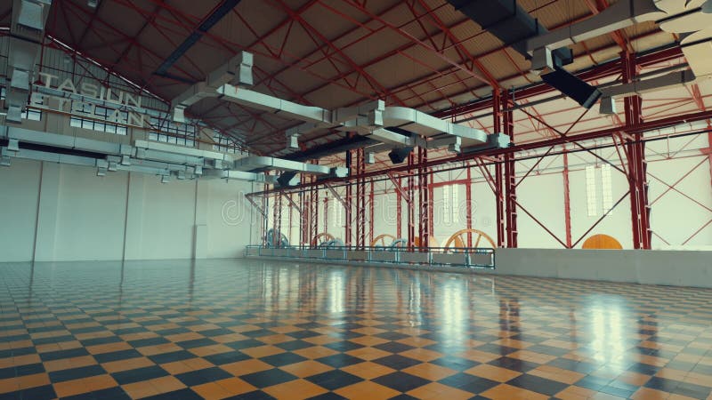 Spacious Industrial Interior with Checkered Floor Stock Footage - Video ...
