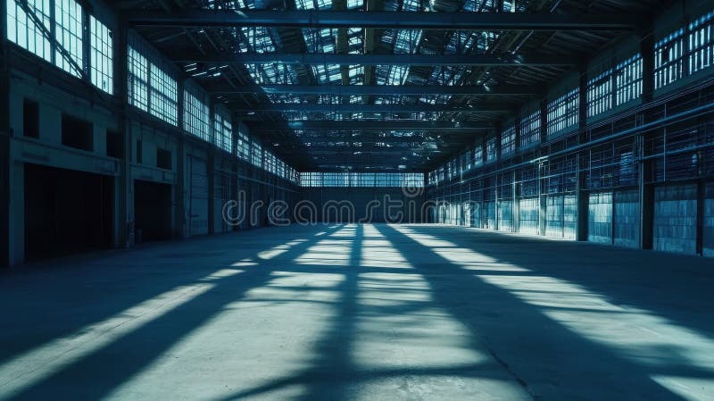 A Spacious Industrial Interior with Large Windows Casting Shadows on ...