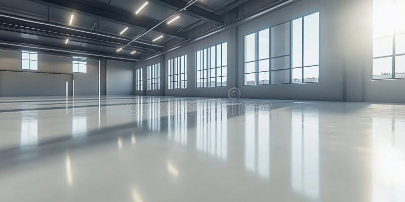 Spacious Industrial Interior with Large Windows and Polished Floor ...
