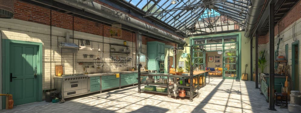 Spacious Industrial Kitchen with Skylight and Open Design for Modern ...