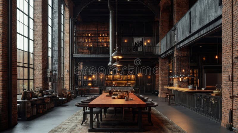 Spacious Industrial Loft Interior with Wooden Dining Table Stock ...