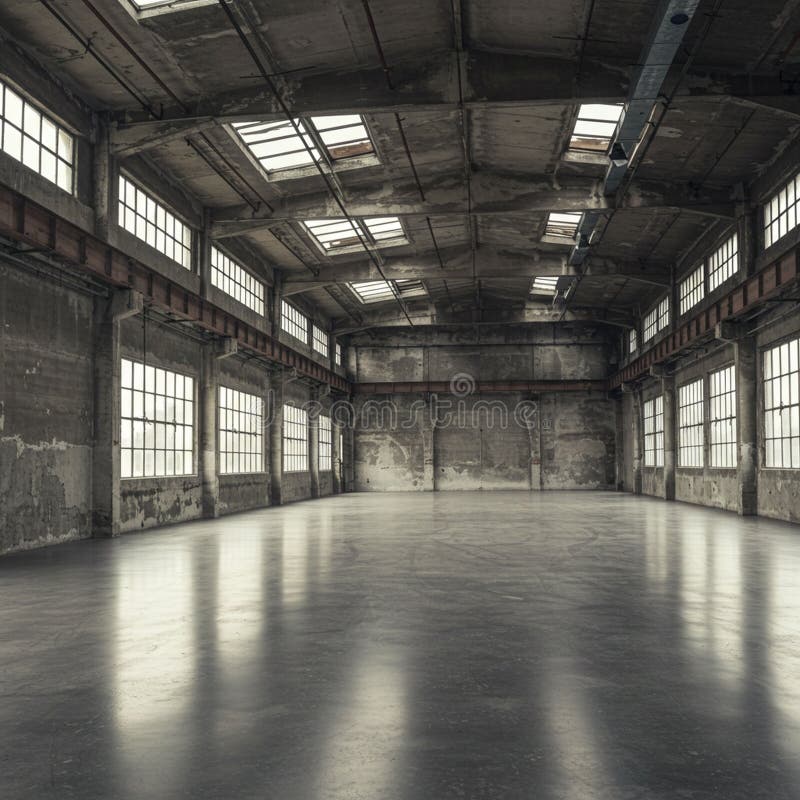Spacious Industrial-style Interior Featuring a High Ceiling with ...
