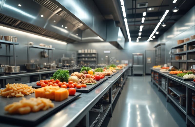 Spacious Industrial Volume Restaurant Kitchen, Streamlined Preparation ...