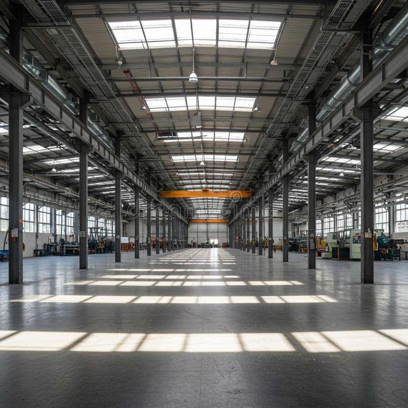 Spacious Industrial Warehouse Interior with High Ceilings and a Large ...