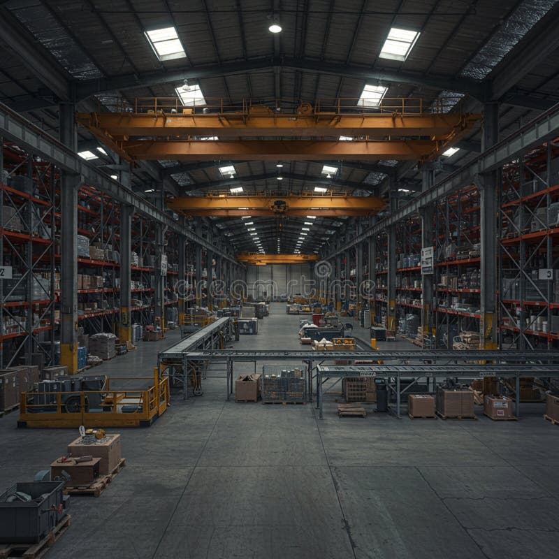 A Spacious Industrial Warehouse Interior with Large Racks Filled with ...