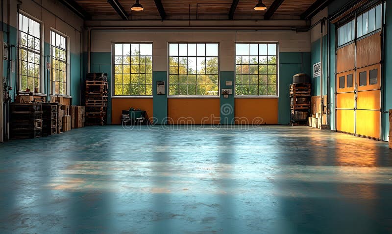 Spacious Industrial Warehouse Interior. Sunlight Streams through Large ...