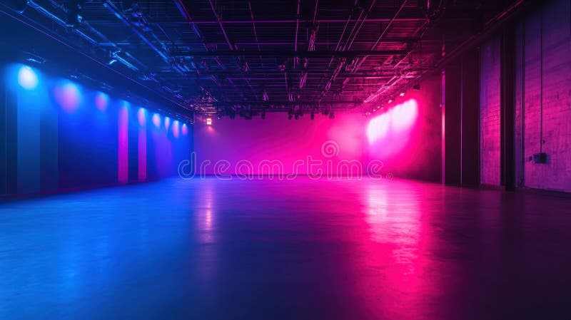 Spacious Industrial Warehouse Interior with Vibrant Blue and Pink ...