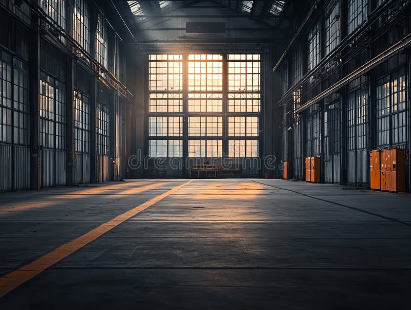 Spacious Industrial Warehouse with Large Windows and Light Reflections ...