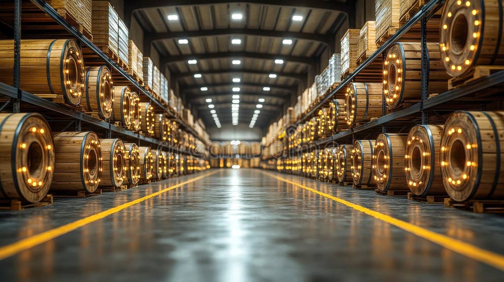 Spacious Industrial Warehouse with Rows of Stacked Cable Spools ...