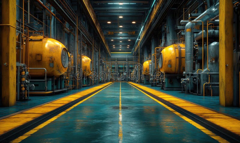 Industrial Workshop with Large Yellow Tanks and Intricate Pipes Stock ...