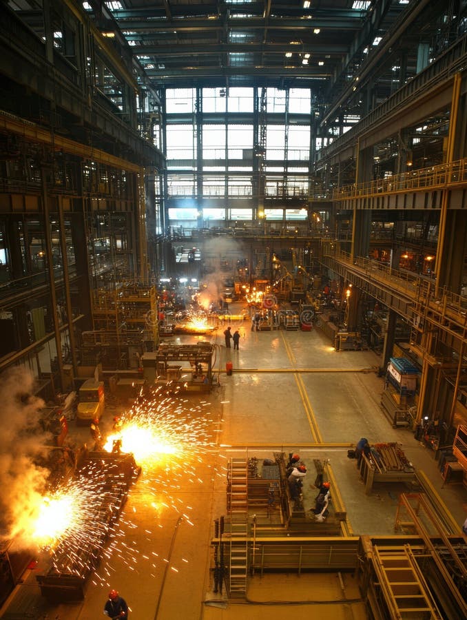 In a Spacious Industrial Workshop, Workers Perform Welding Tasks ...
