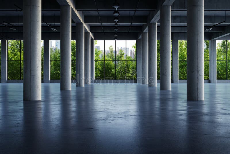 Spacious Interior with Concrete Pillars and Large Windows Showcasing ...