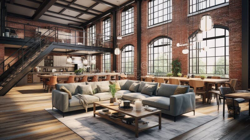 Spacious Interior Design Loft Stock Illustration - Illustration of ...