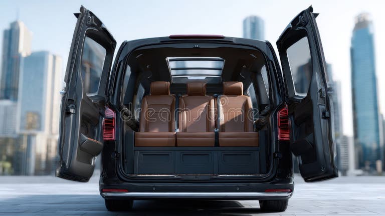 The Spacious Interior of a Luxury Minivan with Panoramic City View. AI ...
