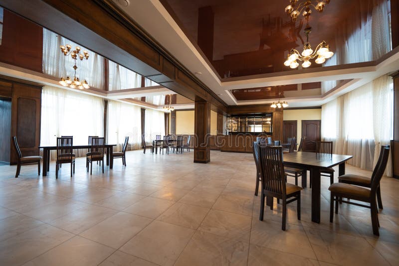 Spacious Interior of Modern Empty Large Restaurant with Tables and ...