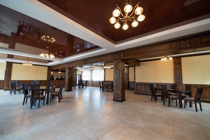 Spacious Interior of Modern Empty Large Restaurant with Tables and ...