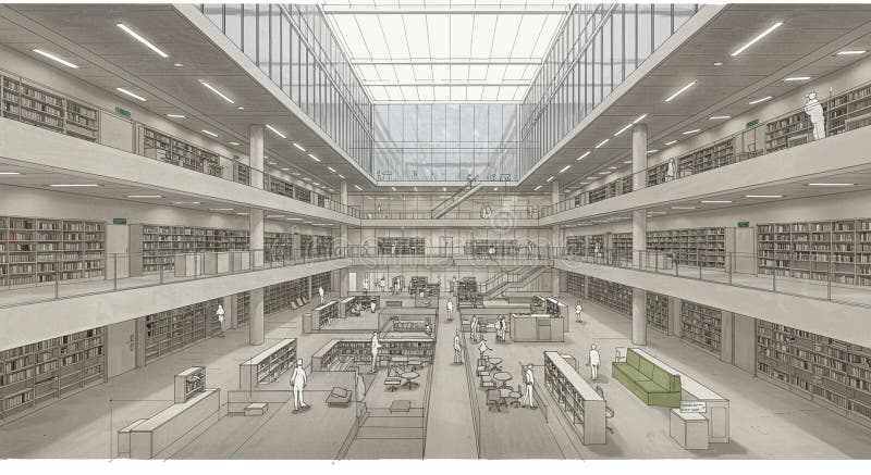 Modern Library with Minimalist Design and Open Floor Plan, Filled with ...