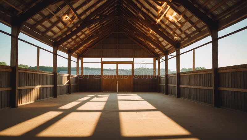 Interior Shot of a Rustic Wooden Barn with Sunlight Casting Long ...
