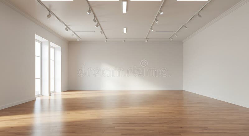 Spacious Interior with Wooden Floors and White Walls, Featuring Modern ...