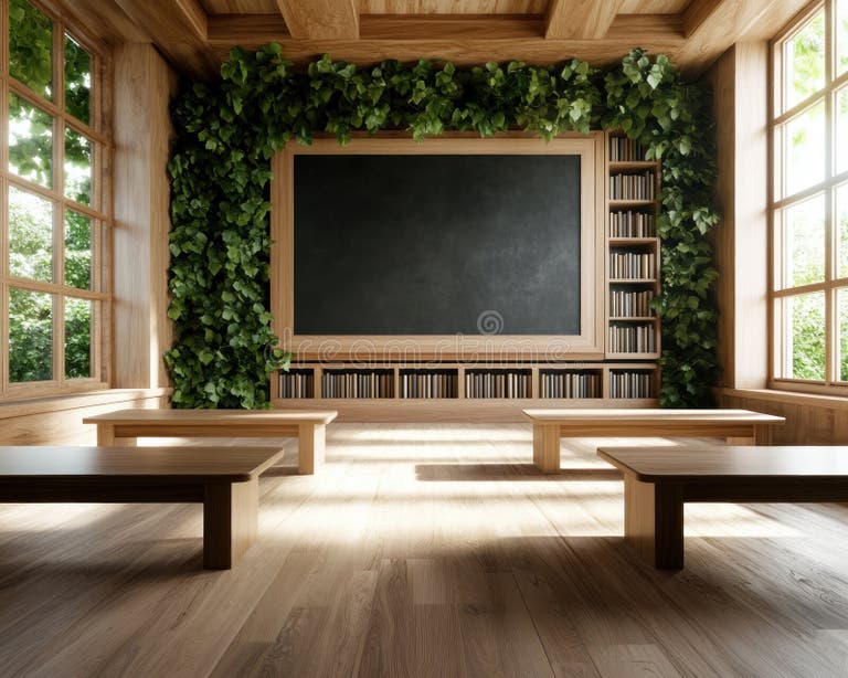 Spacious and Inviting Classroom with Bookshelves, Chalkboard, and ...