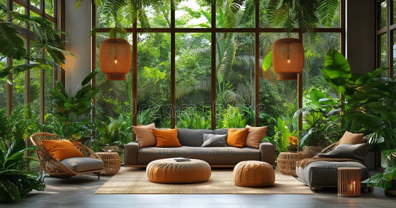 Luxurious Indoor Lounge Surrounded Lush Greenery Modern Home Setting ...