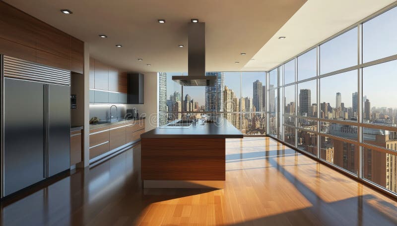 Modern Kitchen with Large Windows Overlooking a City Skyline during ...