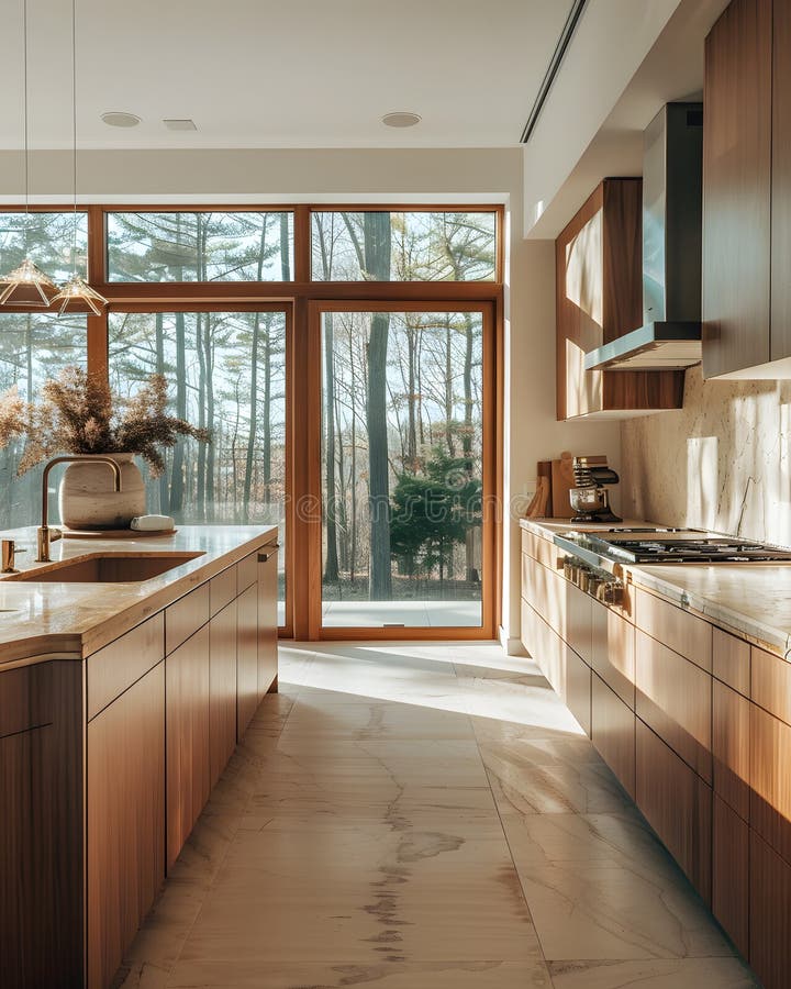 Modern Wooden Kitchen with Large Windows and Natural Light Stock Image ...