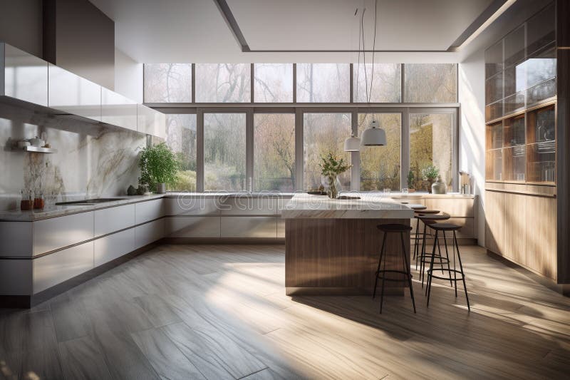 Spacious Kitchen in Modern Style, Brightly Lit by the Sun. AI Genarated ...