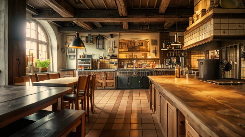 Spacious Kitchen with a Solid Wood Countertop, an Old-fashioned Empty ...