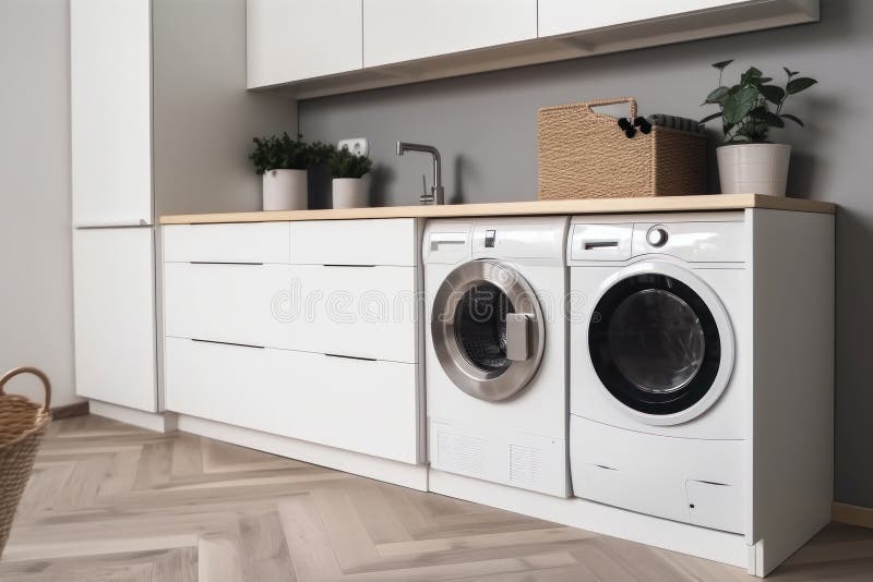 Beautiful Laundry Room Design with Modern Washer and Dryer Set Stock ...