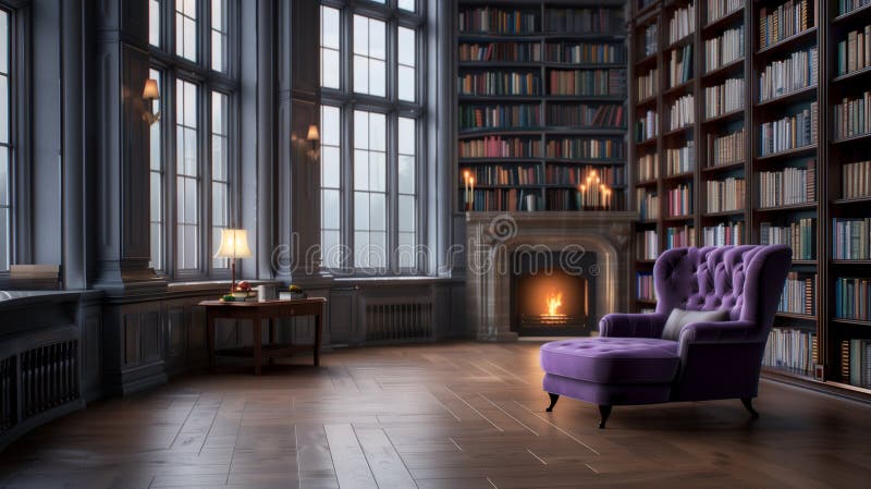 A Spacious Library Featuring Tall Windows, a Tufted Chaise Lounge, and ...