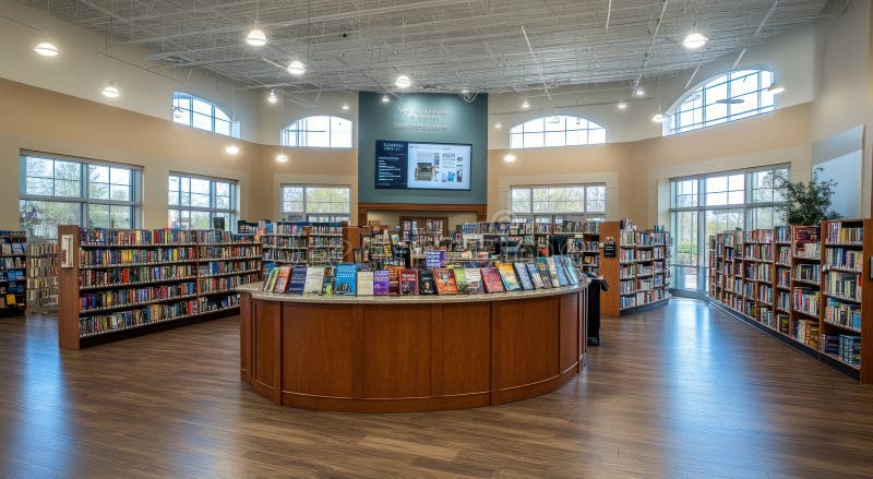 A Spacious Library Interior with Bookshelves and a Central Checkout ...