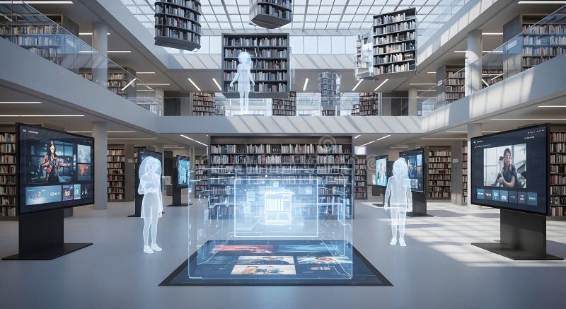 Modern Library Interior with Holographic Displays and Floating ...