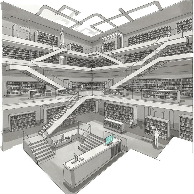 Spacious Library Interior with a Modern Architectural Design. Multiple ...