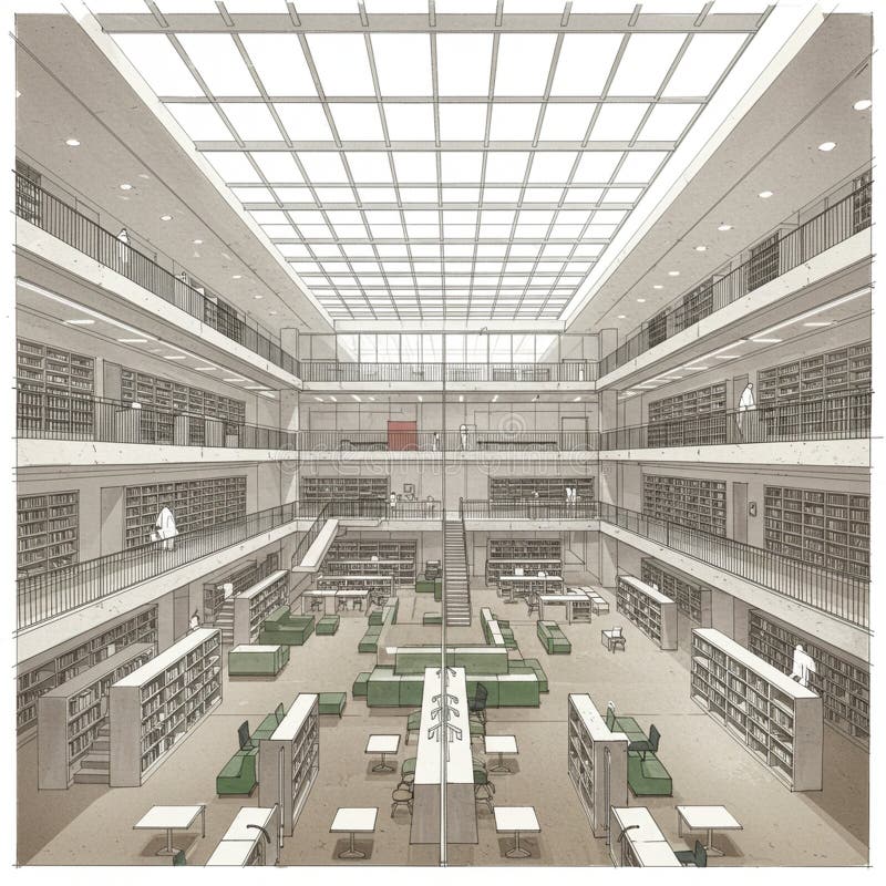 Spacious Library Interior with Multiple Floors and a Central Open Area ...