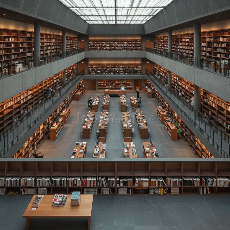Spacious Library Interior with Multiple Levels of Bookshelves Along the ...