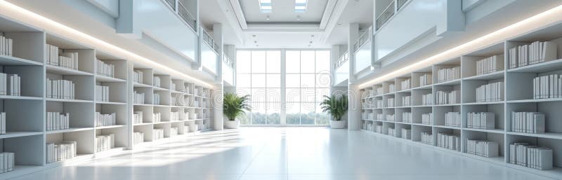 Spacious Library Interior with White Shelves Full of Books. Modern ...