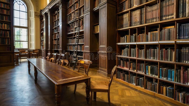 Spacious Library with Rows of Shelves Filled with Books Creating a Calm ...