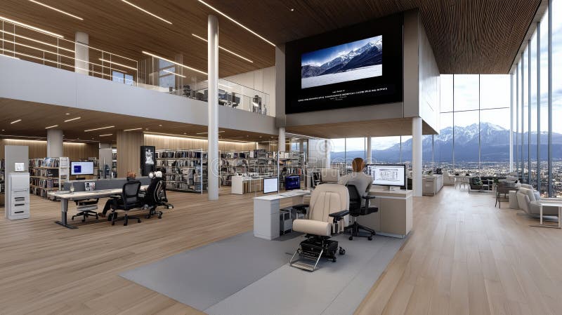 A Spacious Library-style Office with Mountain Views, Wooden Interiors ...