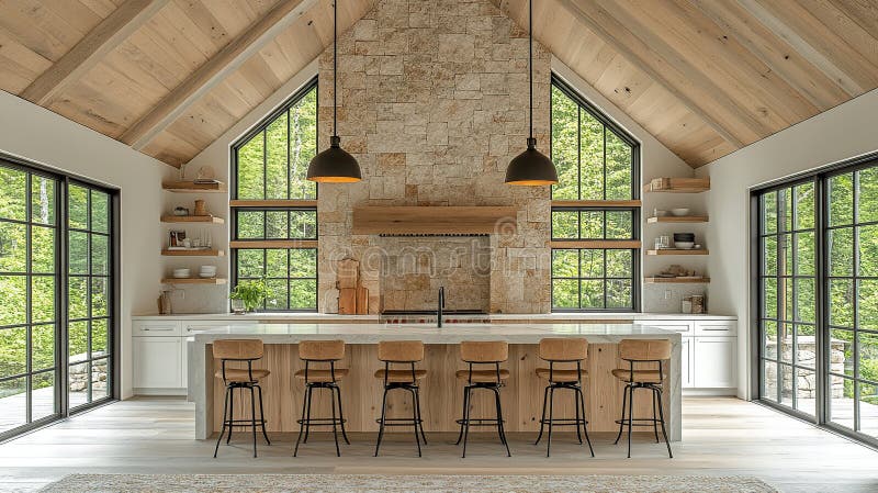 Spacious, Light-filled Kitchen with Vaulted Wood Ceiling, Stone Fireplace, and Large Windows ...