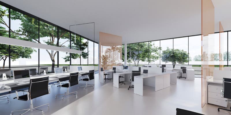 Spacious Light and Lighted Office with Work Desks and Glass Partitions ...