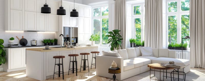 Interior Design of a House with Furniturefilled Living Room and Kitchen ...